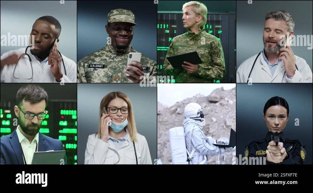 Collage compilation. Many mixed-race people of different professions ...