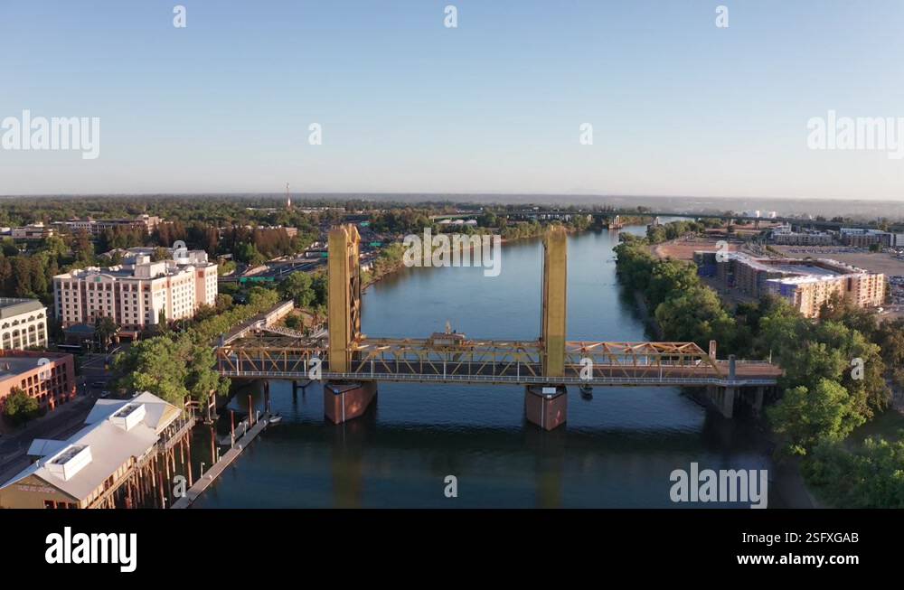 Aerial panning shot of Tower Bridge that spans across the Sacramento ...