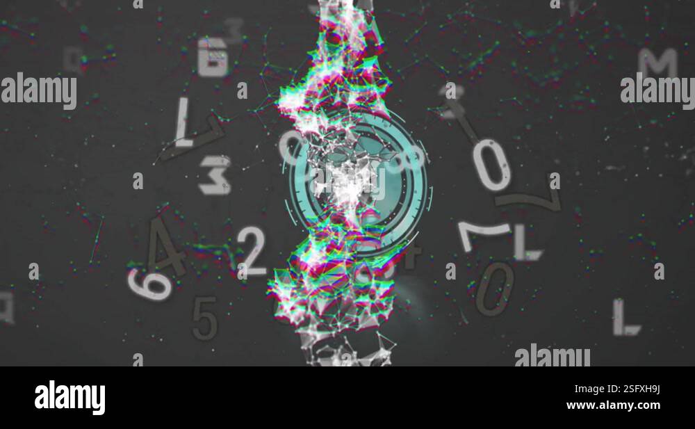 Animation of dna, numbers, clock and connections on black background ...