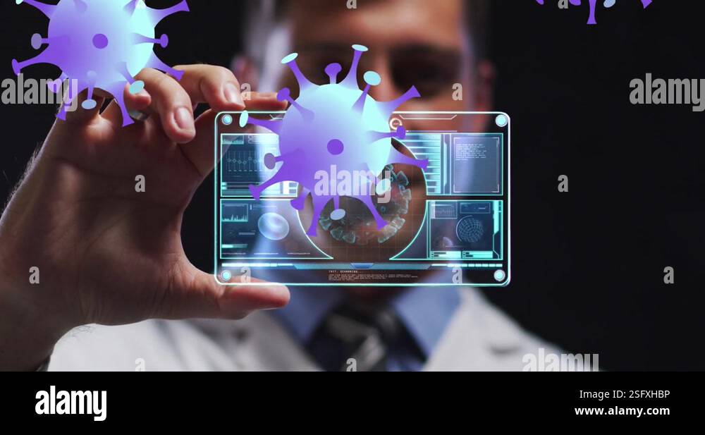 Animation of purple virus cells over caucasian male lab worker with ...