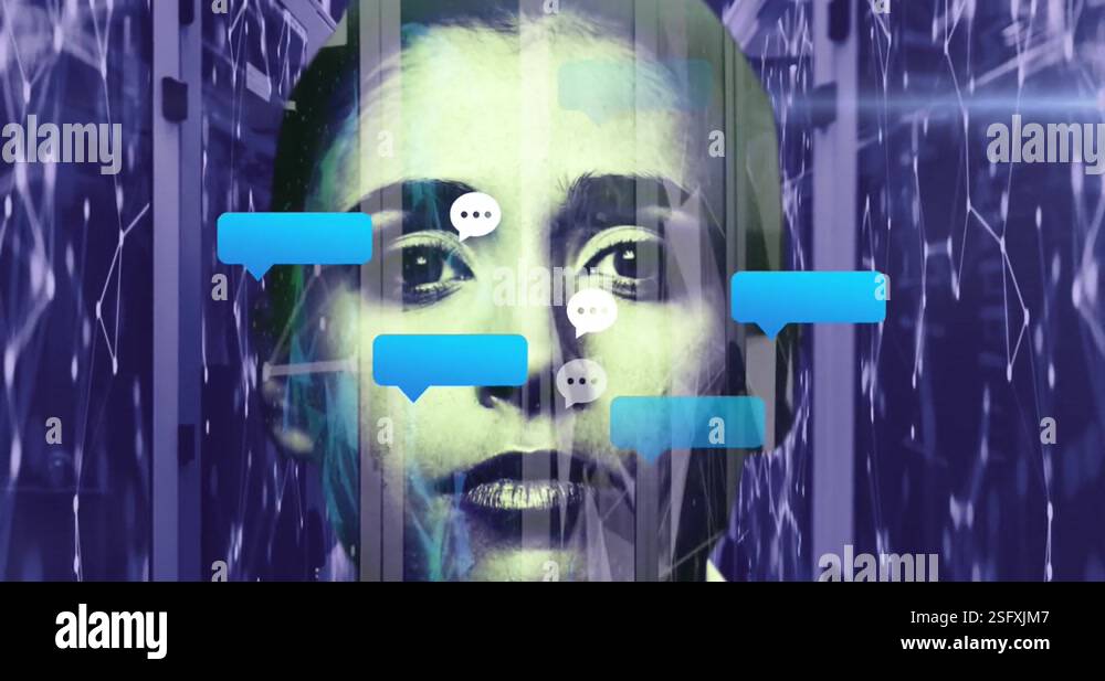 Animation of social media icons and female face over server room Stock ...