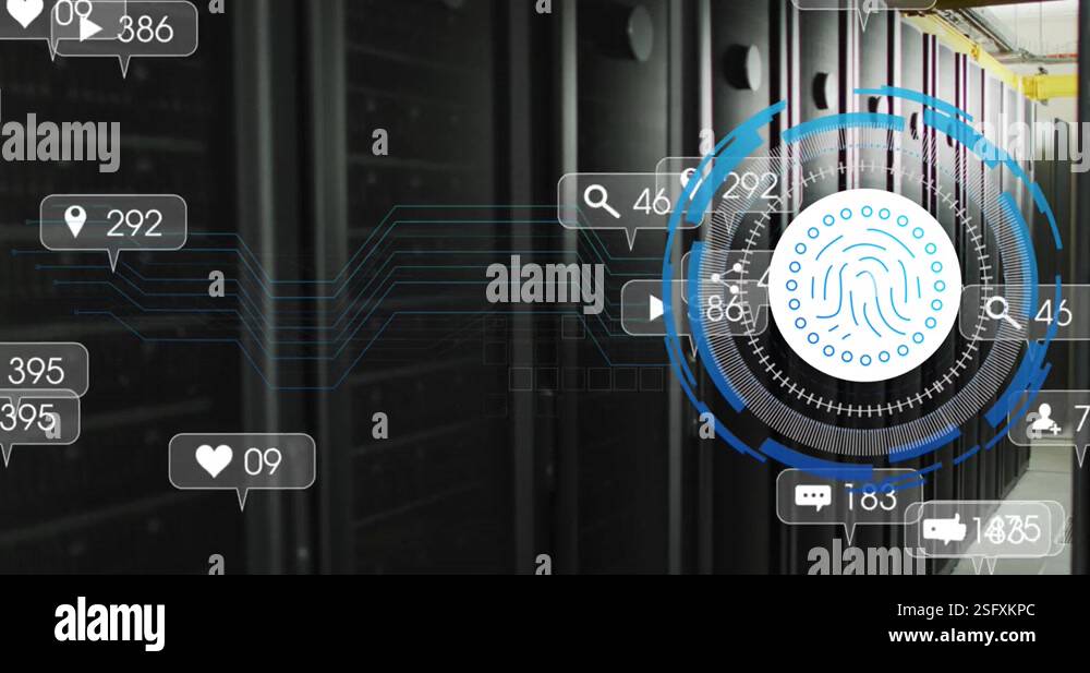Animation of media icons and fingerprint icon over server room Stock Video Footage - Alamy