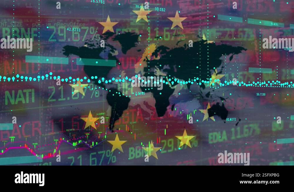 Animation of graphical moving chart with map and european national flag ...