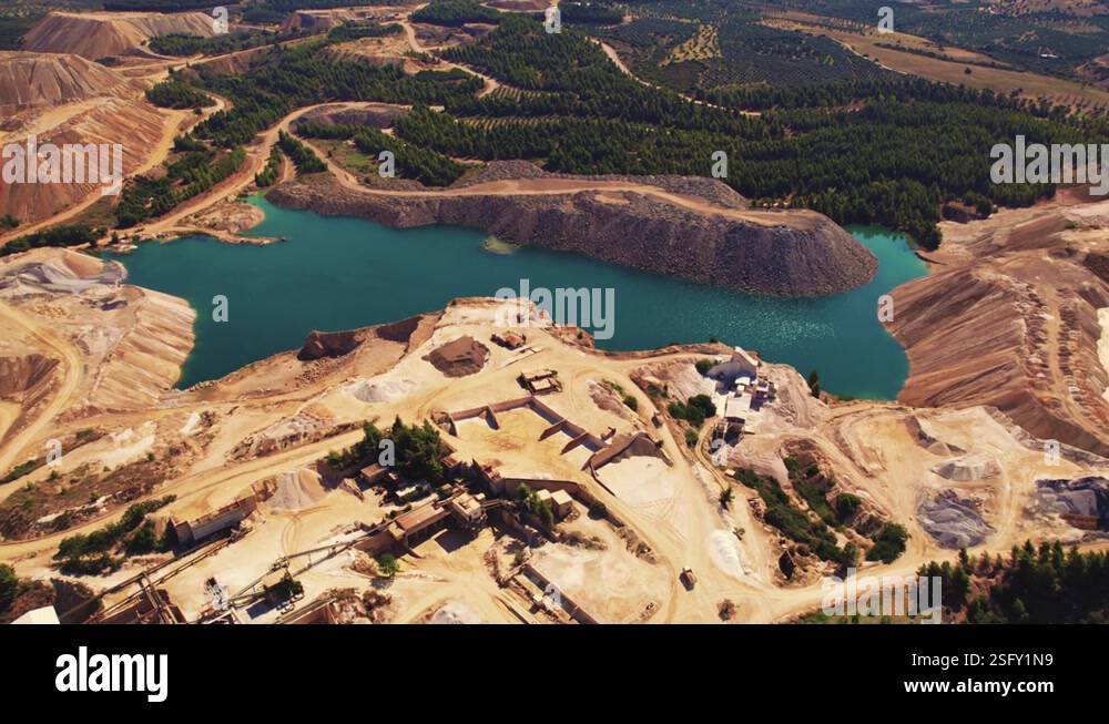 Beautiful full panoramic aerial view of an open-pit mine in Greece ...