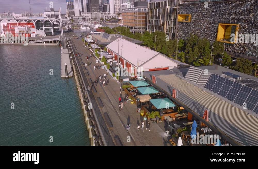 Aerial: Wynyard quarter waterfront eateries, Auckland, New Zealand ...