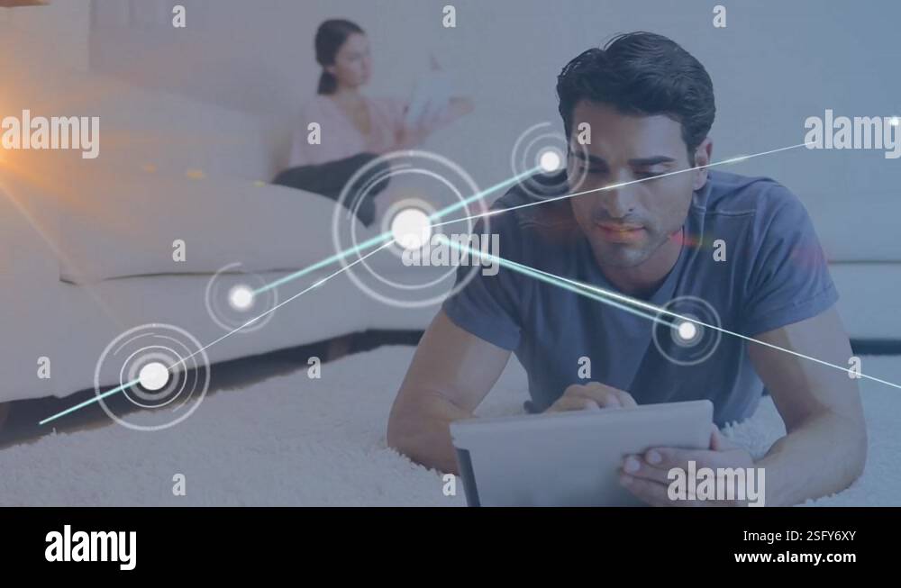 Animation of network of connections with icons over diverse couple ...