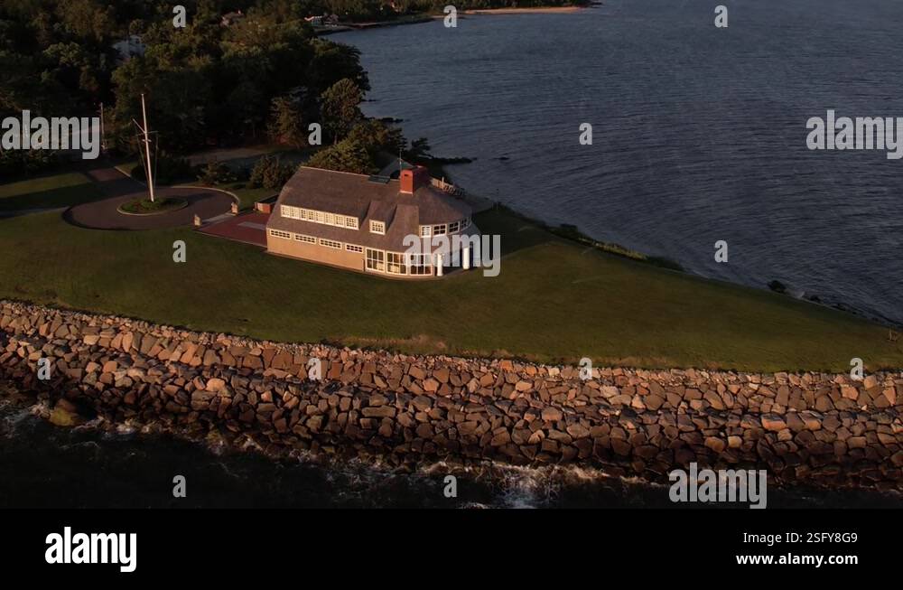 An aerial view of Matinecock Point on the Long Island Sound in NY, shot ...