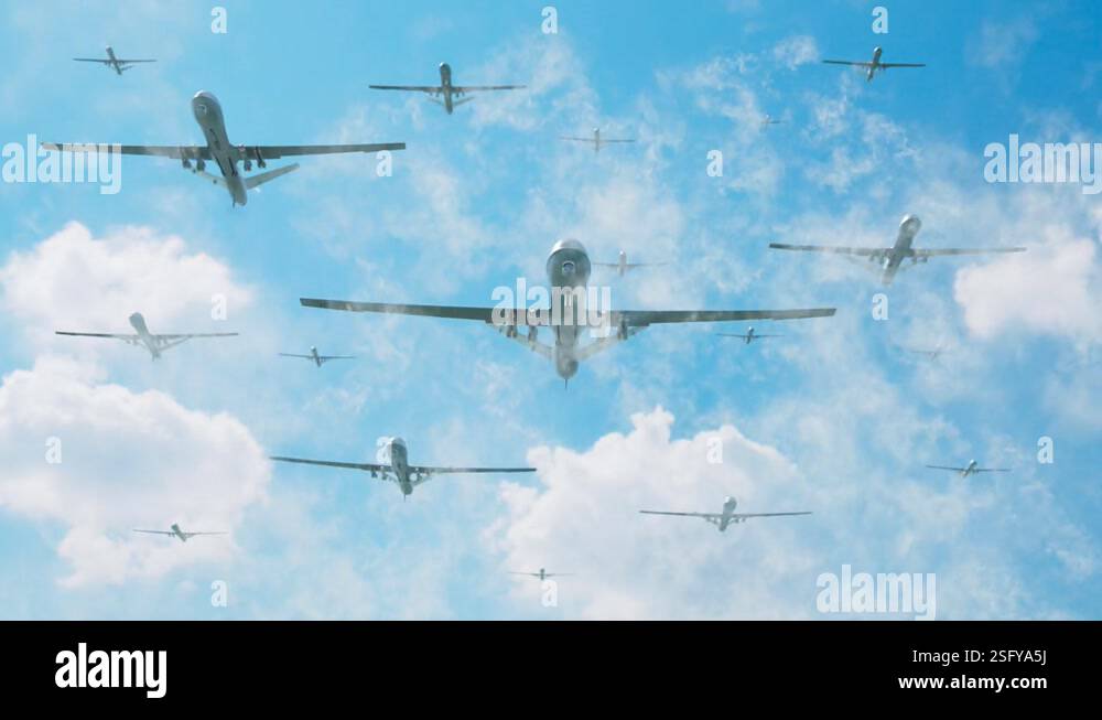 An aerial fleet of unmanned aerial vehicles ready to strike bomb drop ...
