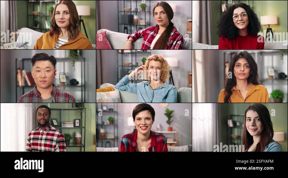 Collage of many diverse people of posing indoor at home. Multi-ethnic ...