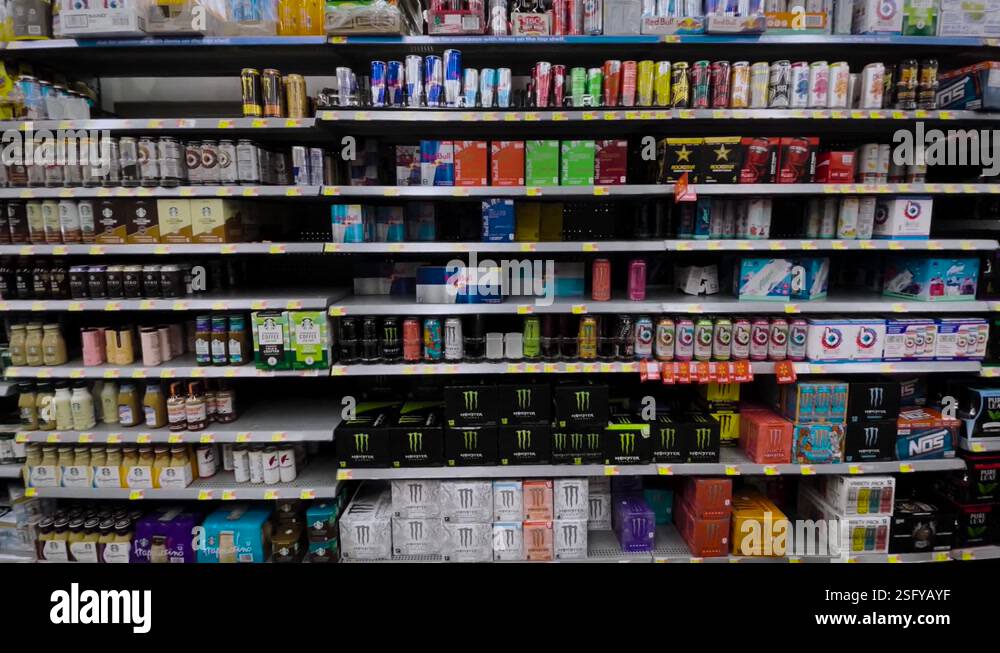 Walmart Retail grocery store interior energy drink section Stock Video ...