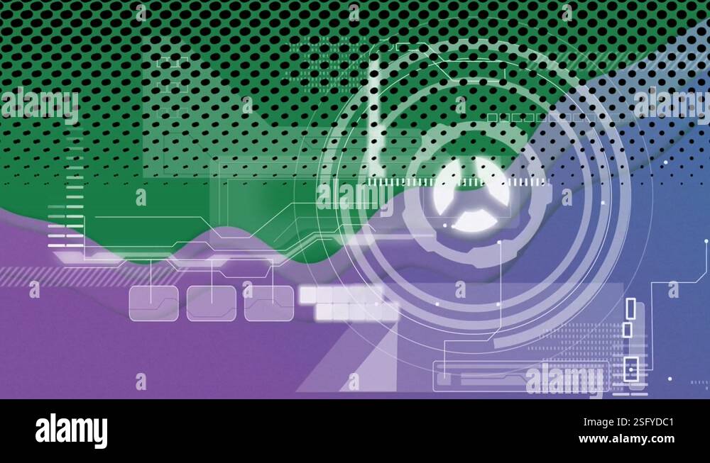 Animation of processing circle and data on violet and green digital ...