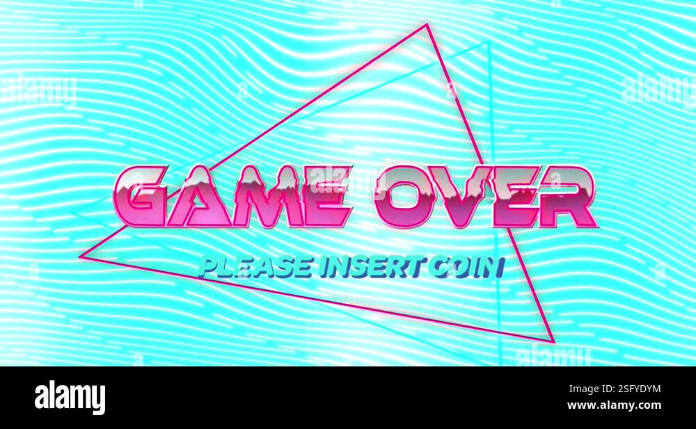 Animation of game over and triangle over blue and white wavy background ...