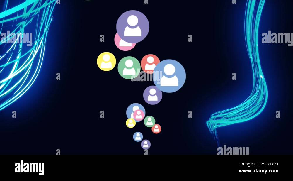 Animation of social media reactions over blue lines on black background ...