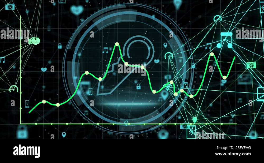 Animation of graphs, cyber security, key and connections on black background Stock Video Footage ...