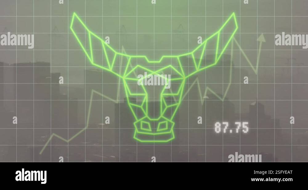 Animation of graphs and bull head over cityscape Stock Video Footage ...