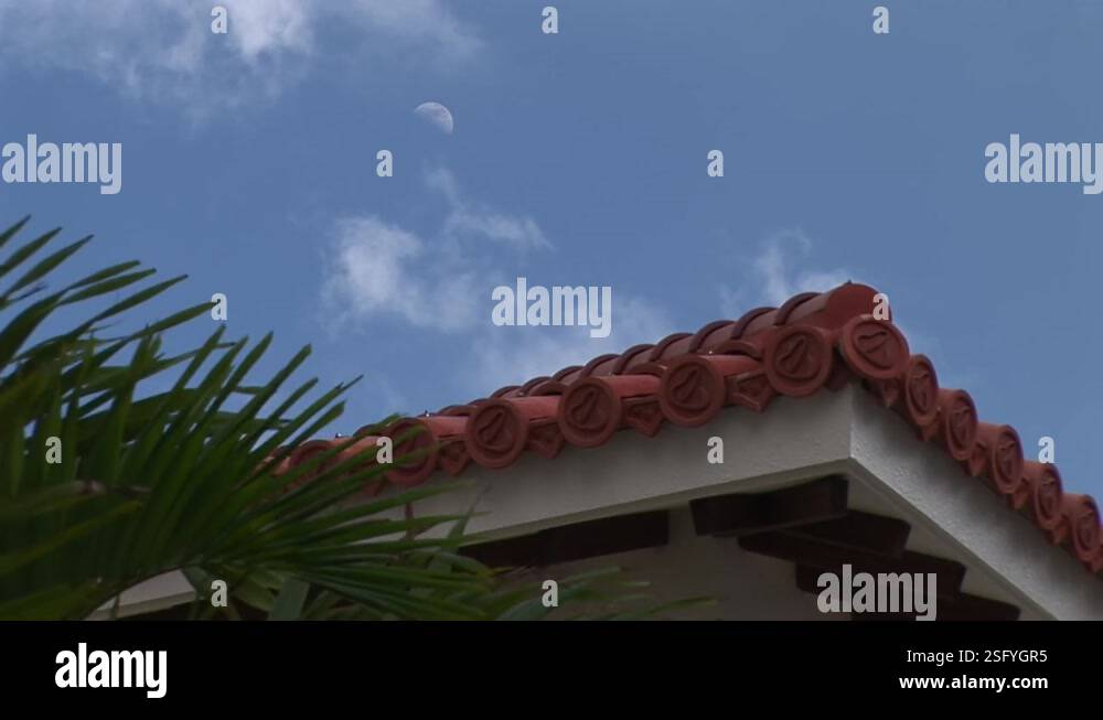 Medium shot of a Asian style architecture roof with moon and cloud in ...