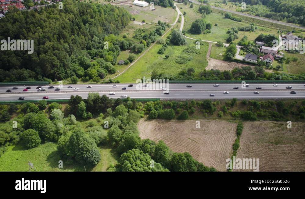 Aerial Tracking View of Heavy Cars Traffic on Multi-Lanes Countryside ...