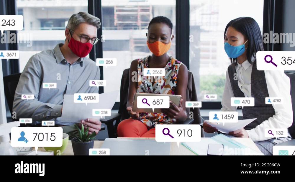 Animation of social media icons over diverse business people in face ...