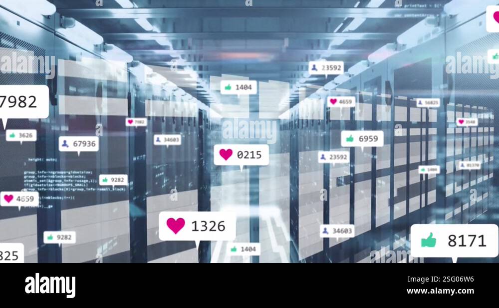 Animation of social media icons and numbers and data processing over computer Stock Video ...