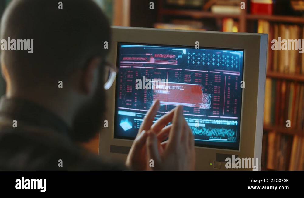 Hacker watching virus loading process on retro desktop pc, cyber crime ...