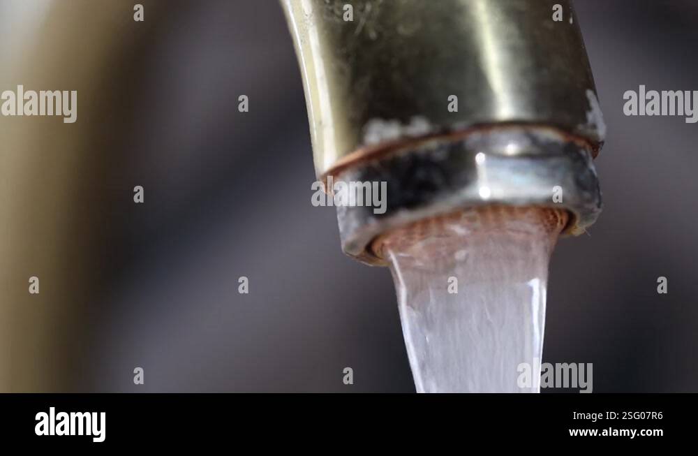 Jet Water Tap Stream Pours. Turning Off The Tap Water. Water Dripping ...