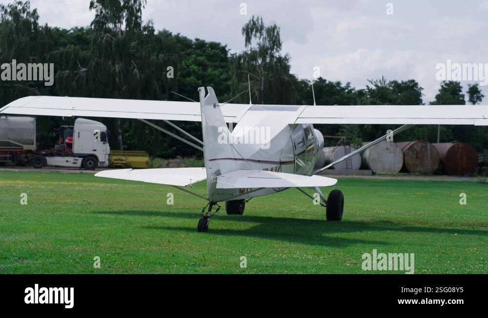 Private propeller plane preparing to taking off runway. Aircraft ready ...