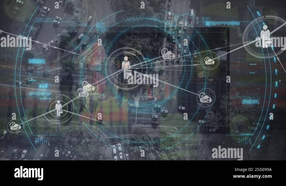 Animation of viewfinder, connections and road traffic Stock Video ...