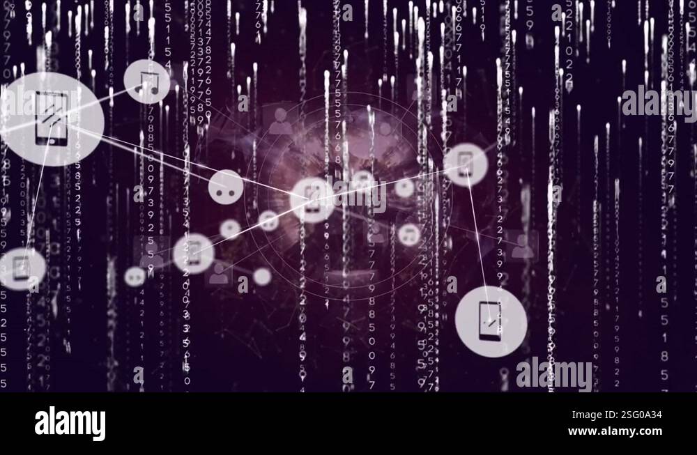 Animation of network of connections with icons over data processing and ...