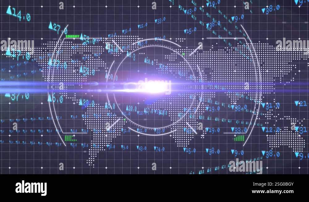 Animation of light beam on hud processing over world map, finance data, grids on Stock Video ...