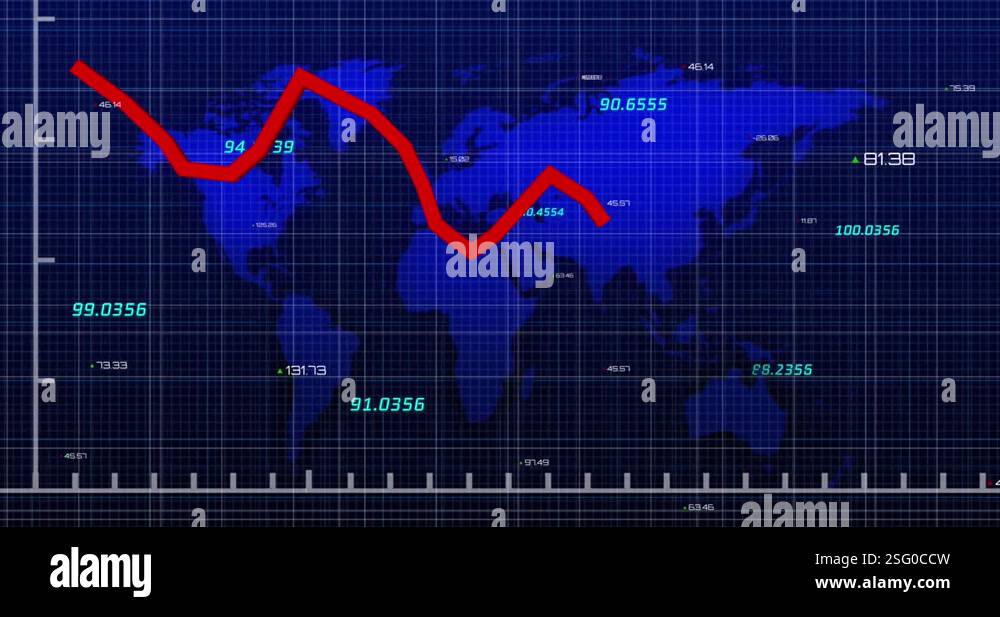 Digital animation of red graph and multiple numbers over world map against blue Stock Video ...