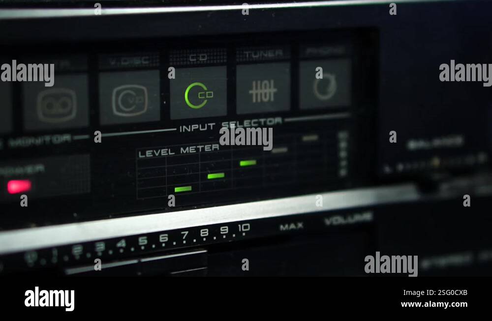 CD Selection and Level Meter on Vintage Analog Audio Amplifier, Close ...