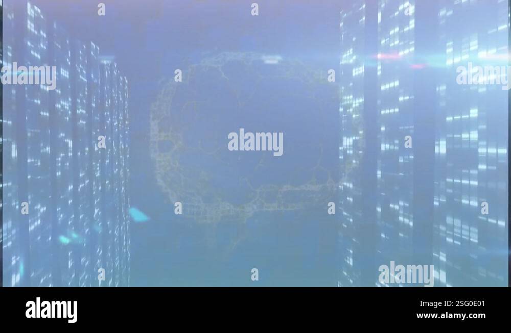 Animation of human brain spinning over screens of mosaic squares ...