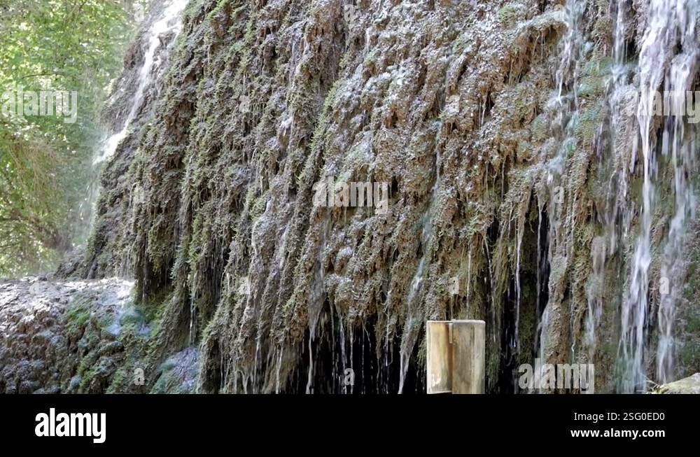 Rock wall covered on water flow. Stream pouring at the bottom ...