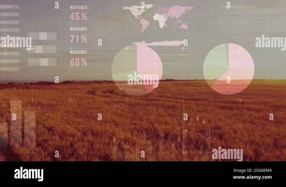 Animation of statistical data processing over aerial view of farm ...