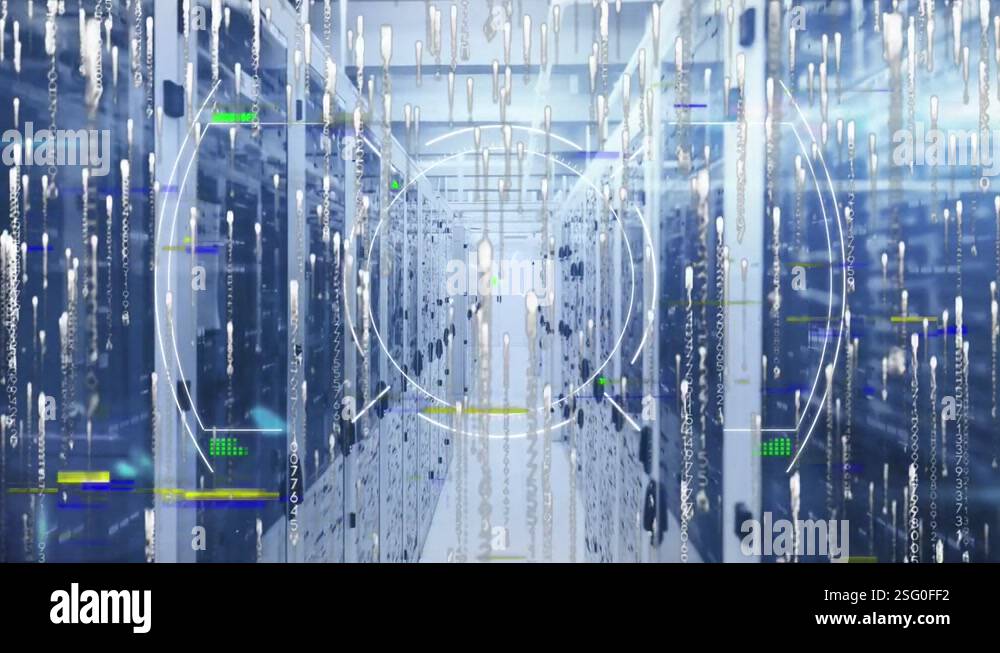 Futuristic interface and computer coding with server room in background ...