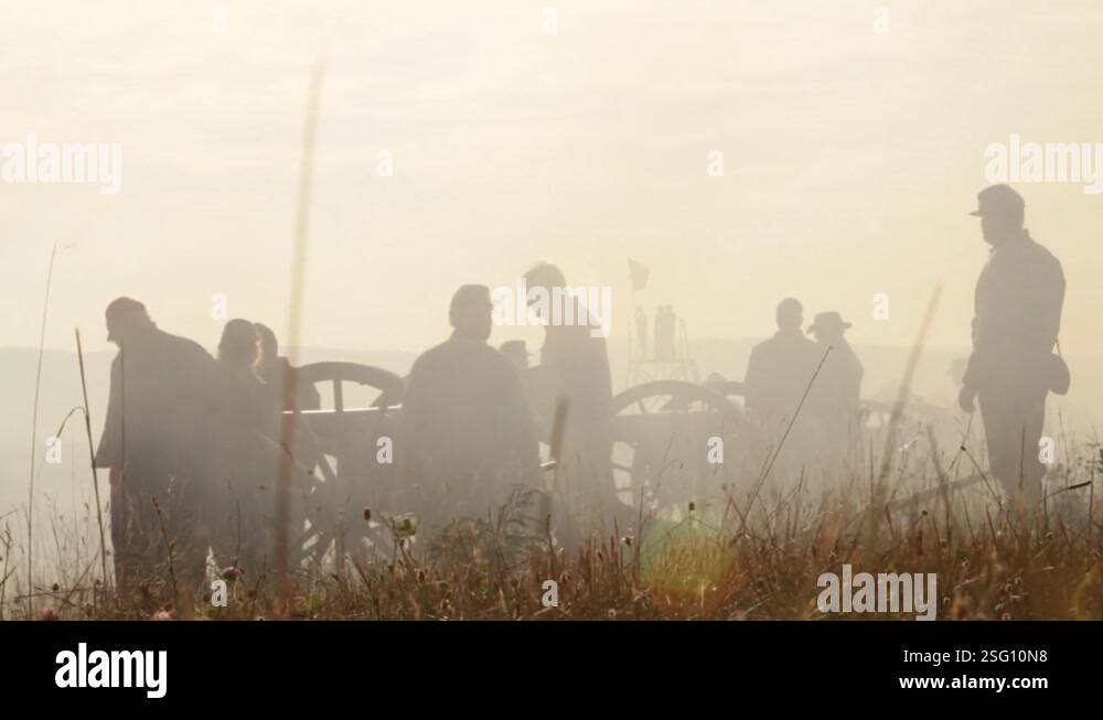 Civil War Confederate Cannons firing and fighting in battle at Sunset ...