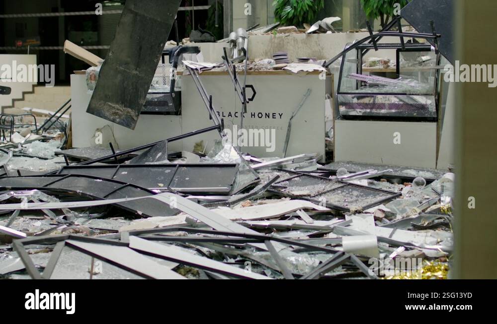 The cafe destroyed by the explosion Stock Video Footage - Alamy