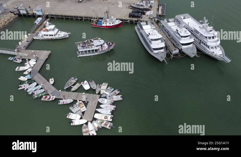 Aerial view away from a ferry docking at the port of Plymouth, USA ...
