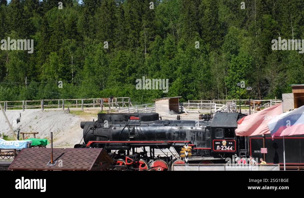 Ruskeala Express old retro steam-powered train arrived from Sortavala ...