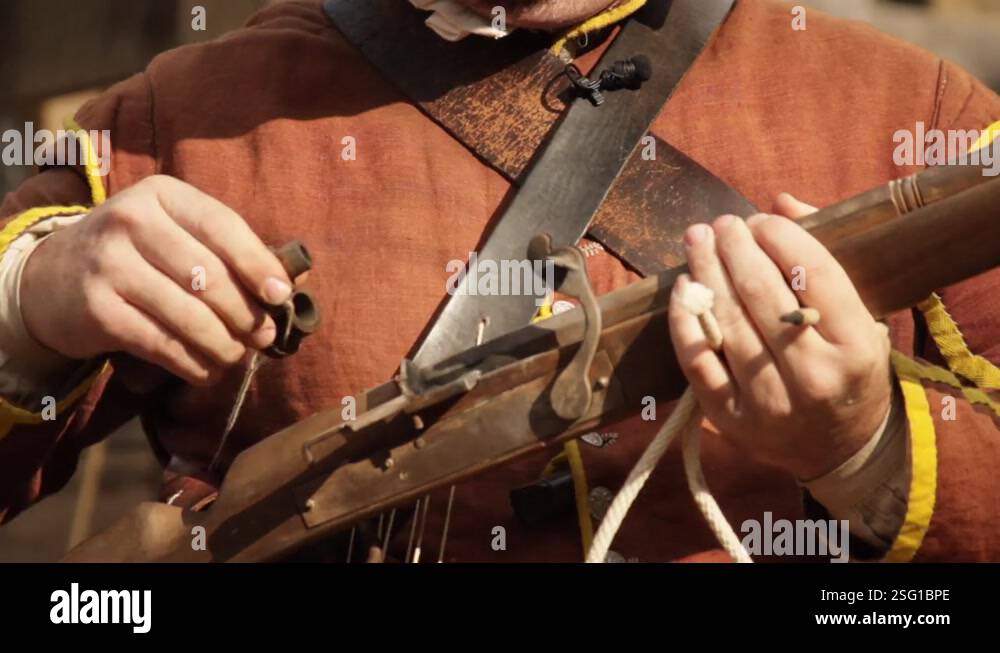 17th century Colonial American Militia Soldier Loading Matchlock, Black ...