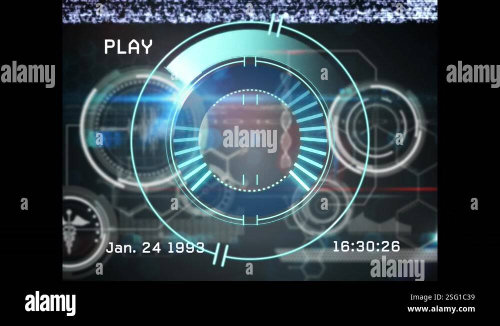 Animation of glitch effect on hud processing with play button, date and time on Stock Video ...
