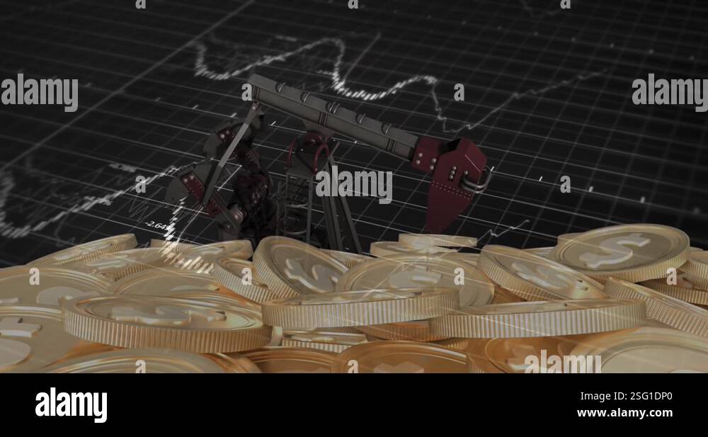 Animation of financial data processing with graph over pumpjack with ...