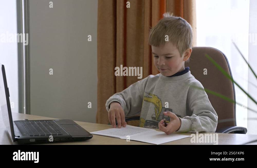 Little Boy Distance Remote Study Online Music at Home Sitting at Desk ...