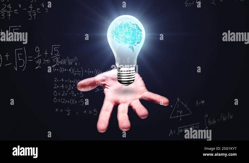 Animation of bulb with brain over caucasian man hand and math formulas ...