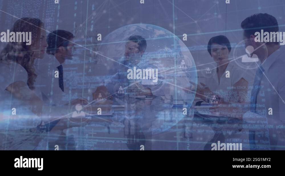Animation of globe, profile icons connecting with lines over caucasian ...