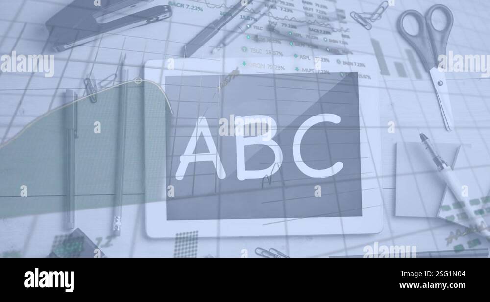 Animation of digital infographic interface and tablet screen with abc ...