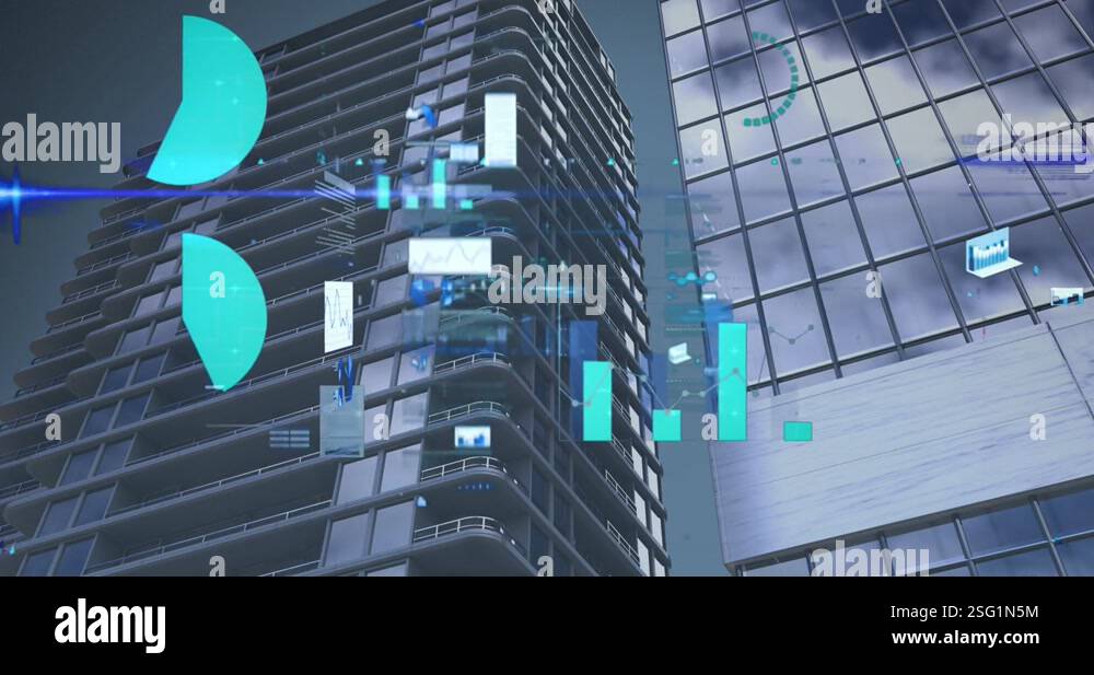 Animation of statistical data processing against tall buildings Stock ...