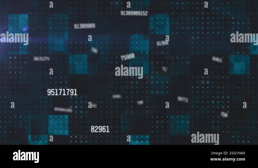Animation of multiple changing numbers over square shapes and dot ...