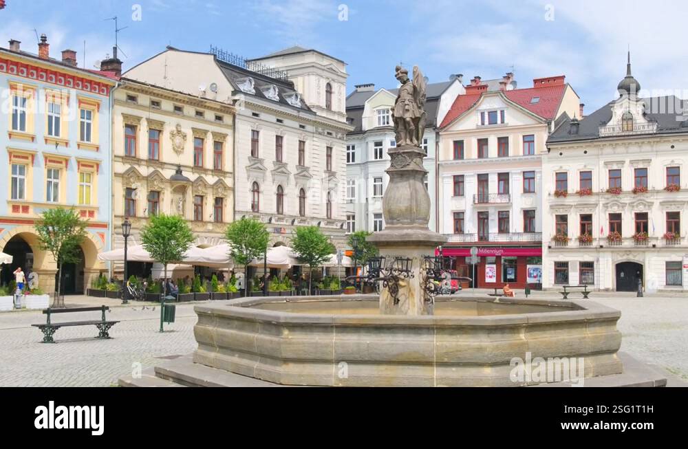 Cieszyn market square with fountain and historical buildings, Poland ...