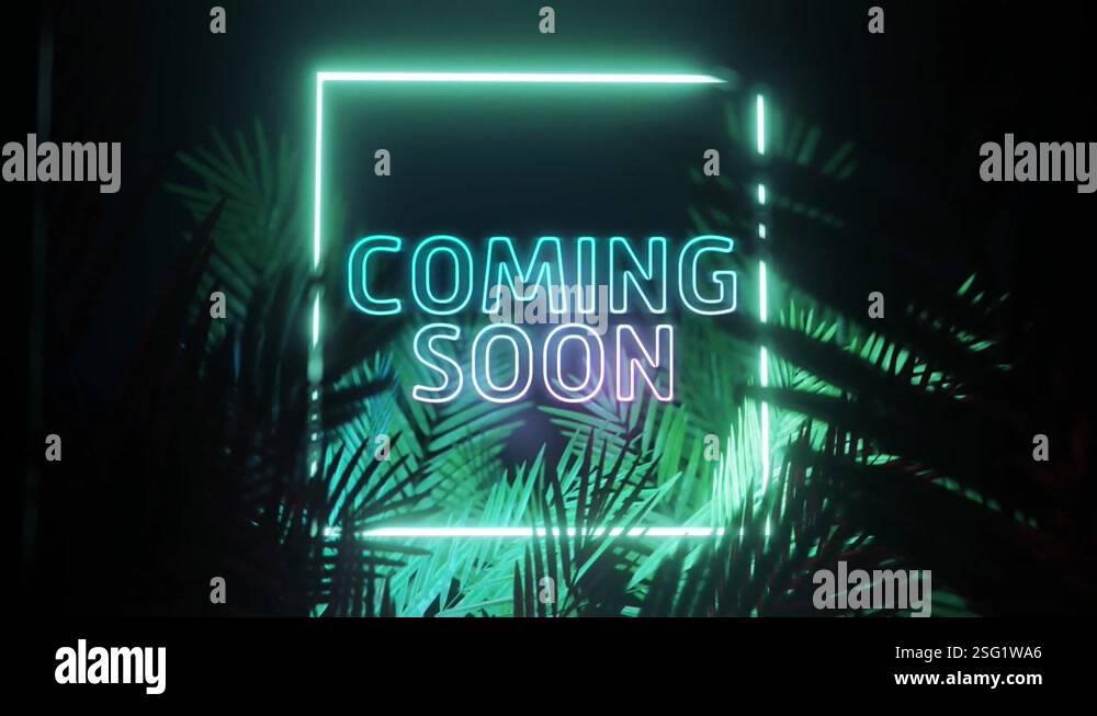 Animation of coming soon text and square frame in blue neon, over palm ...